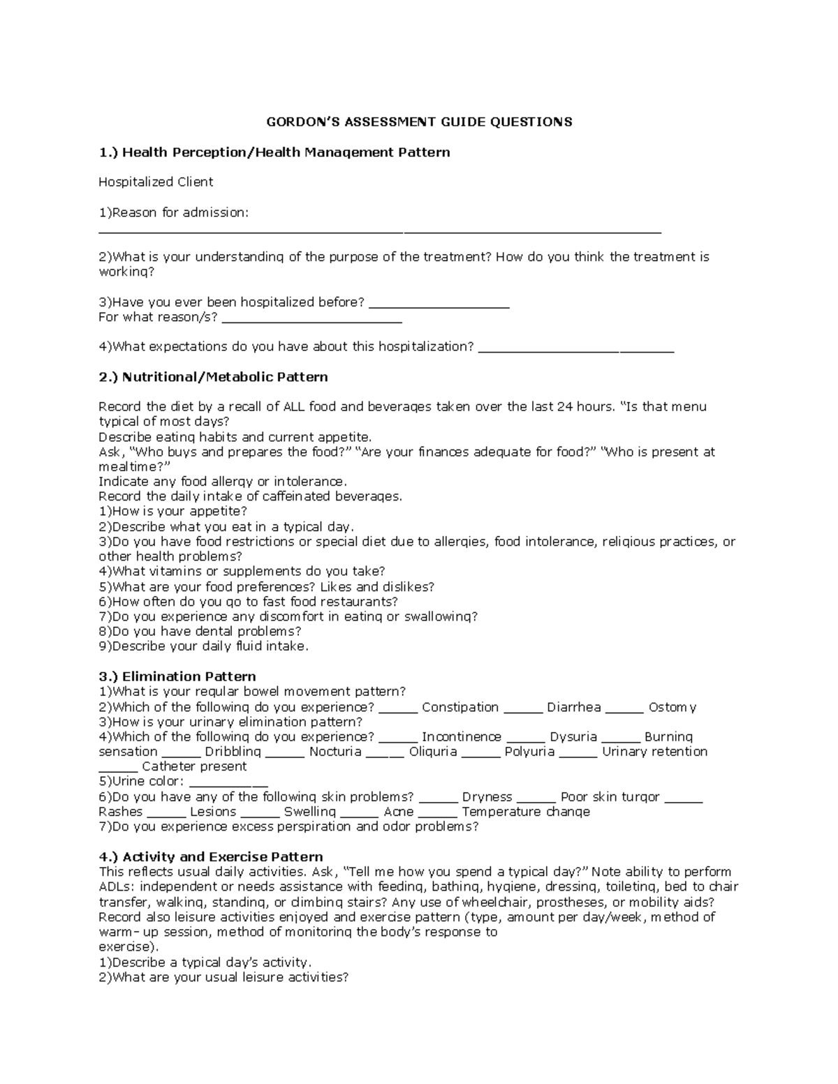 Gordon's Assessment Guide Questions for Health Evaluation - Studocu
