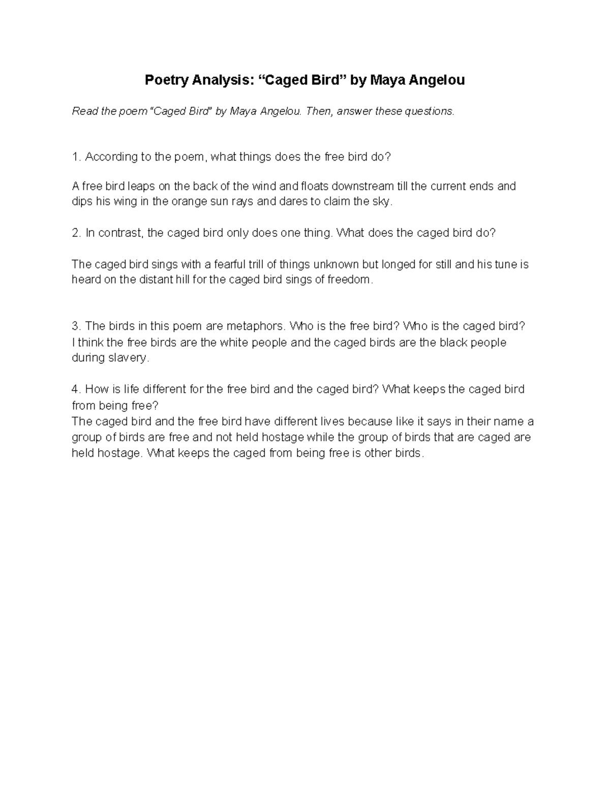 Copy of Poetry Analysis “Caged Bird” by Maya Angelou - Poetry Analysis ...
