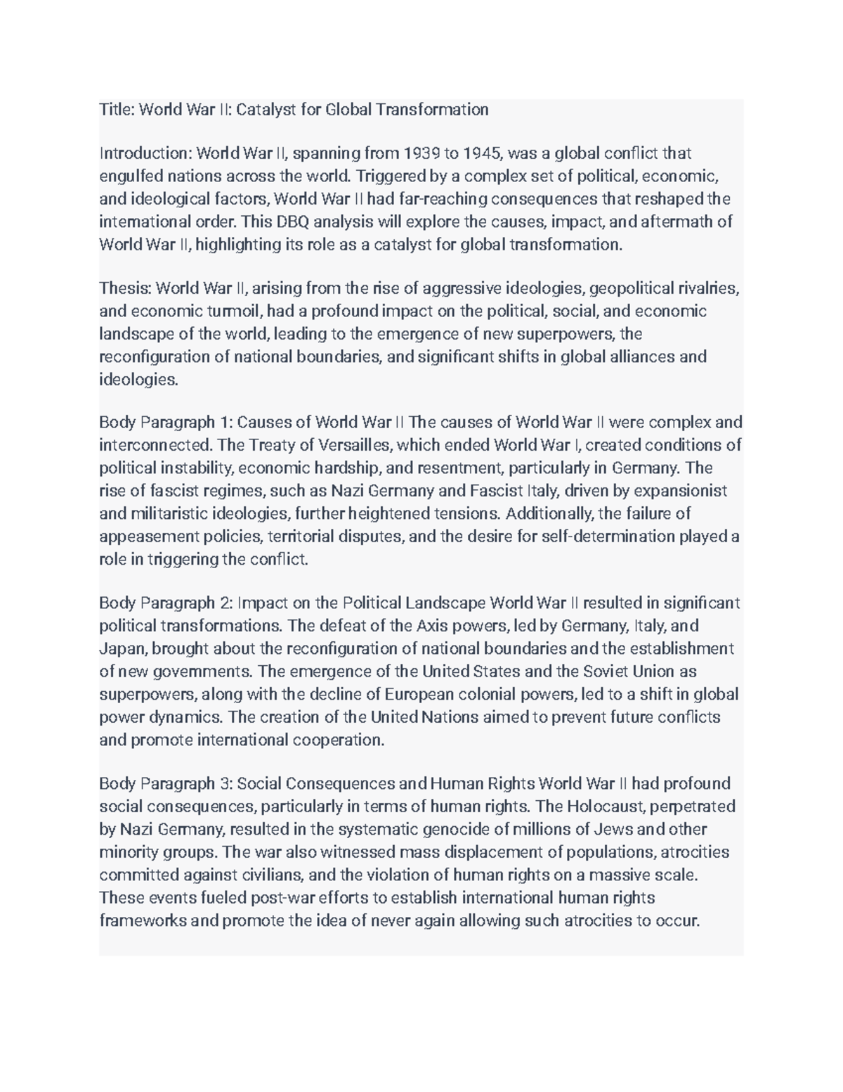 AP World History DBQ: World War II and Its Global Transformations - Studocu