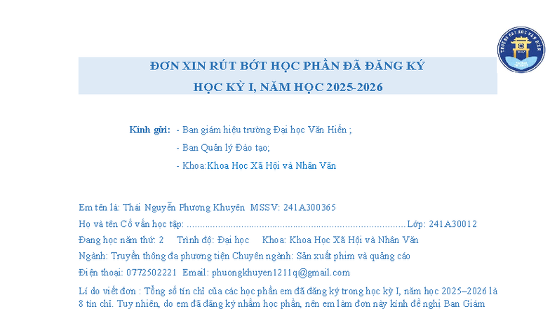 Đơn Xin Rút Bớt Học Phần Học Kỳ I - 2025 QLDT - Studocu