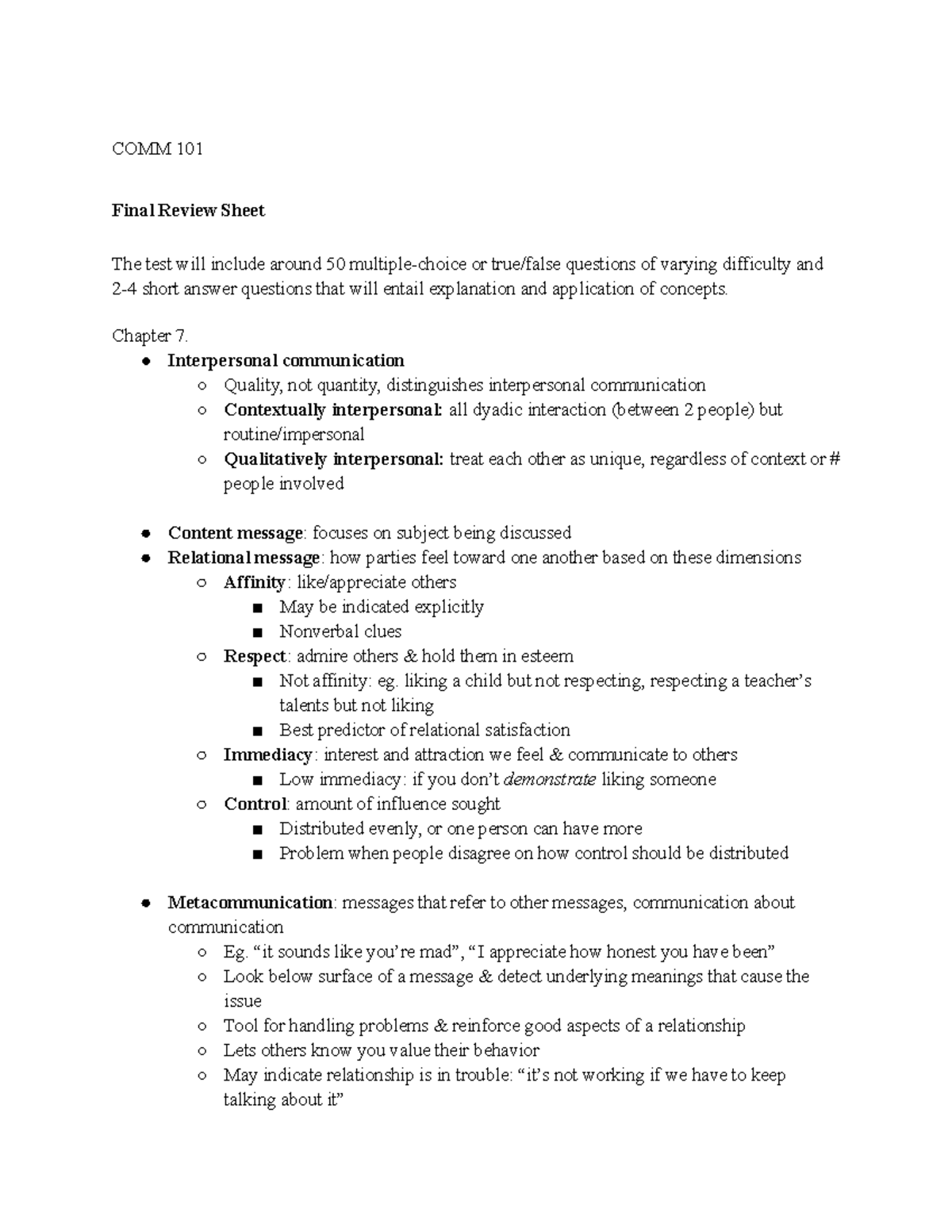 COMM 101 Final Exam Study Guide: Key Topics in Communication - Studocu