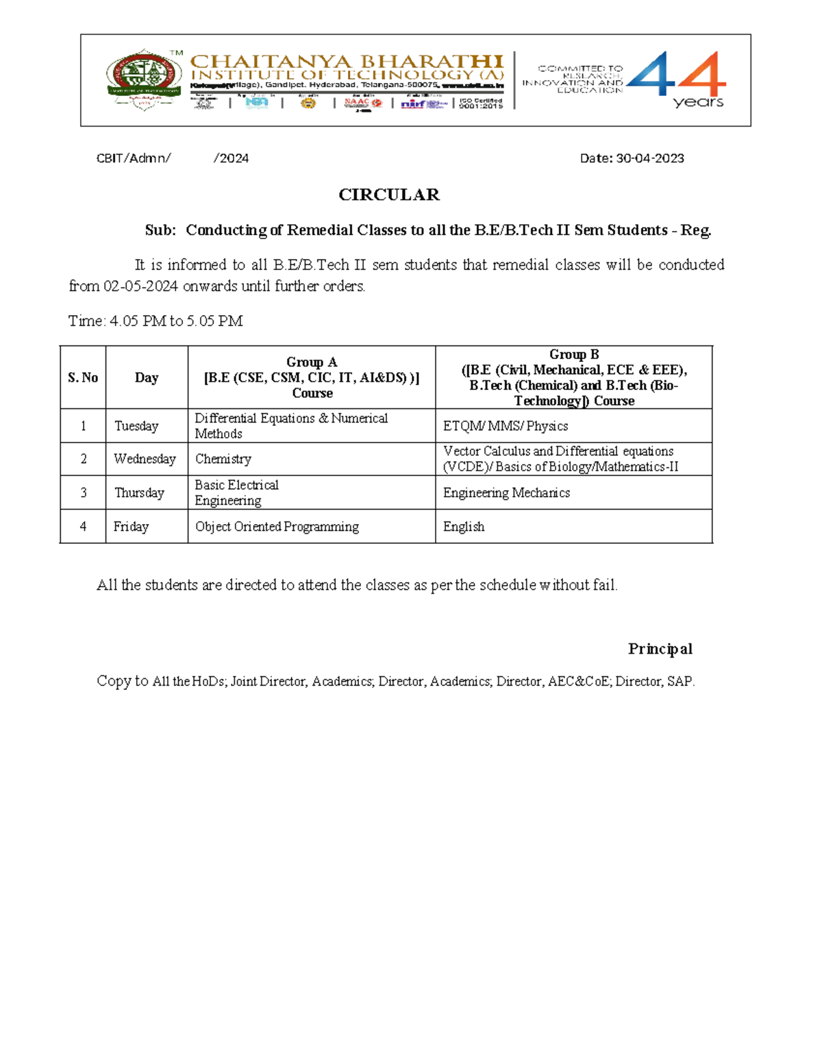 Remedial Classes Schedule for B.E/B.Tech II Sem Students 2023-24 - Studocu