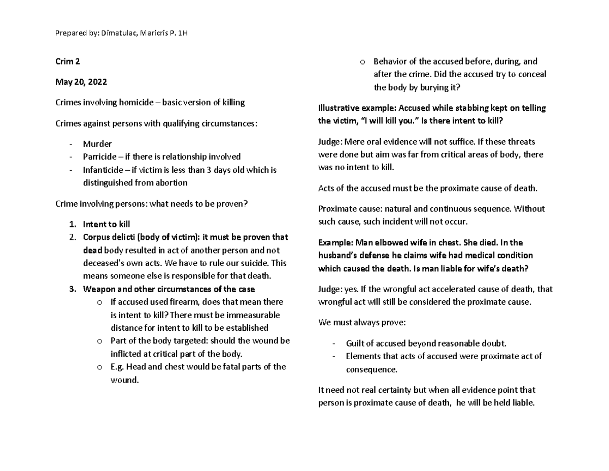 Crim 2 Final Exam Reviewer: Homicide and Related Crimes Overview - Studocu