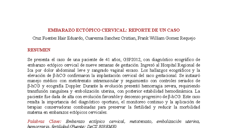 EMBARAZO ECTÓPICO CERVICAL: REPORTE DE UN CASO (GINECOLOGÍA) - Studocu