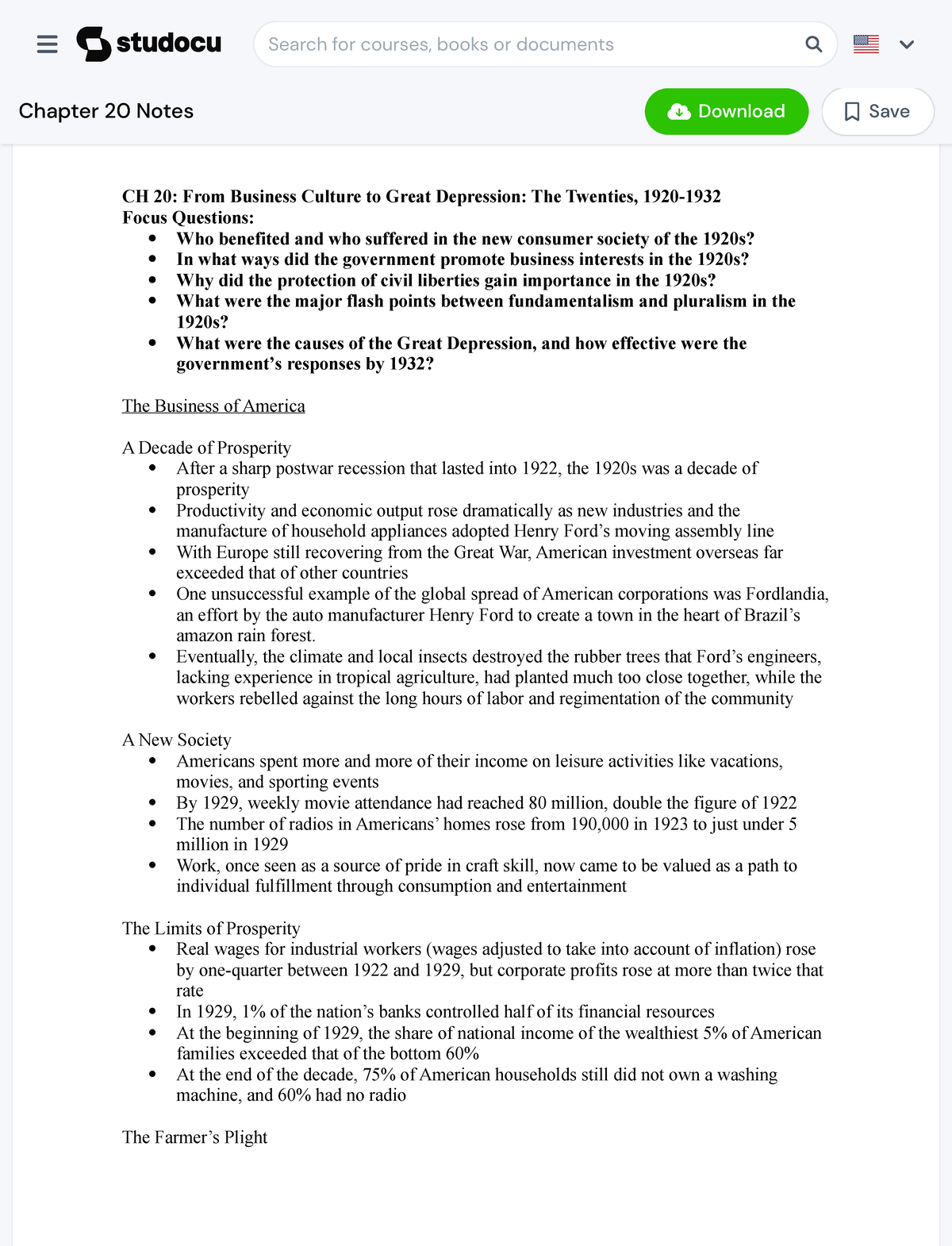 Chapter 20 Notes - CH 20 Business Culture & Great Depression 1920-1932 ...