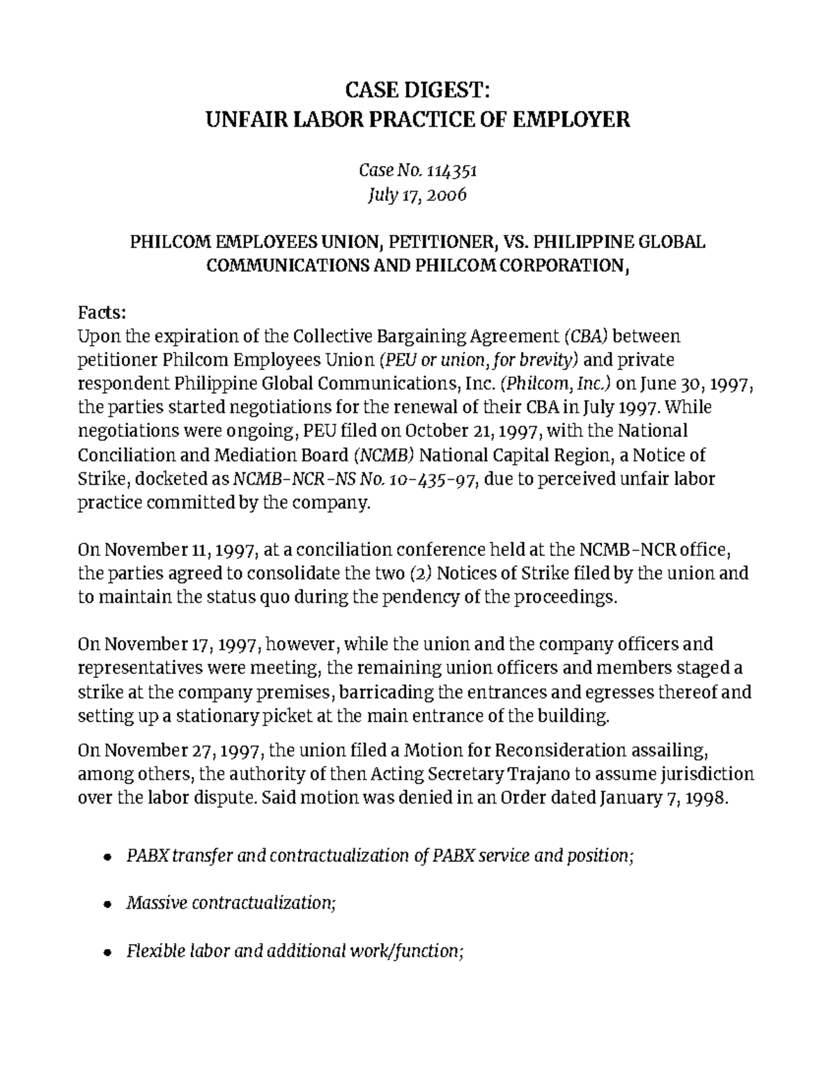 Unfair Labor Practice Case Digest - CASE DIGEST: UNFAIR LABOR PRACTICE ...