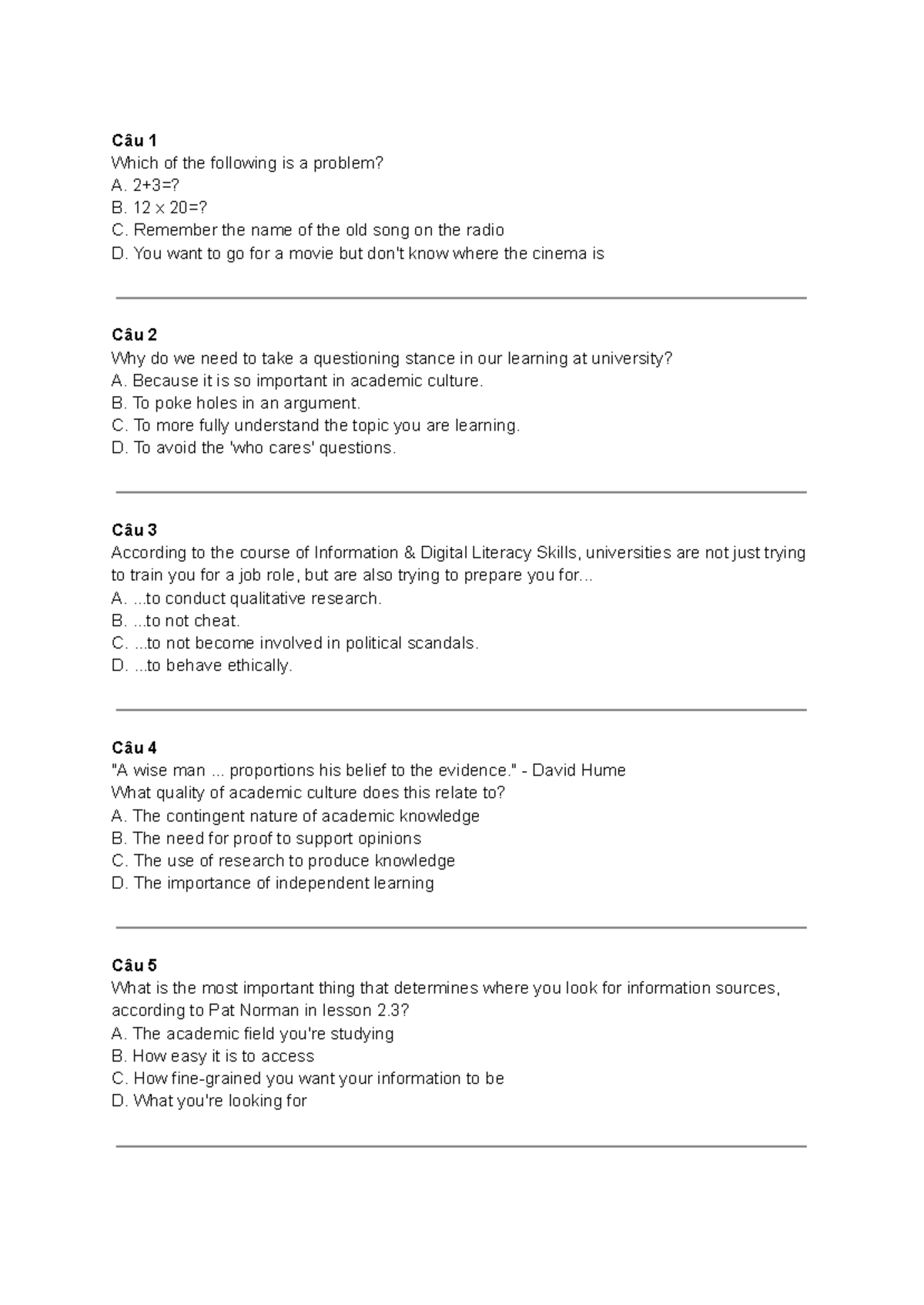SSL101: Academic Skills and Critical Thinking Quiz Answers - Studocu