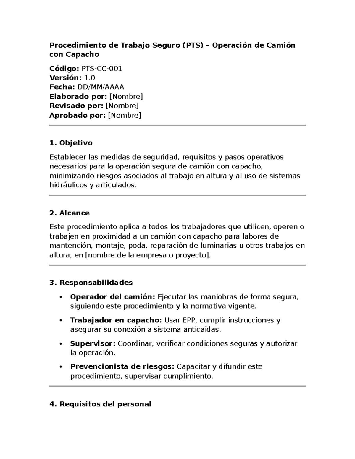 PTS Operación Segura de Camión con Capacho - Versión 1.0 - Studocu