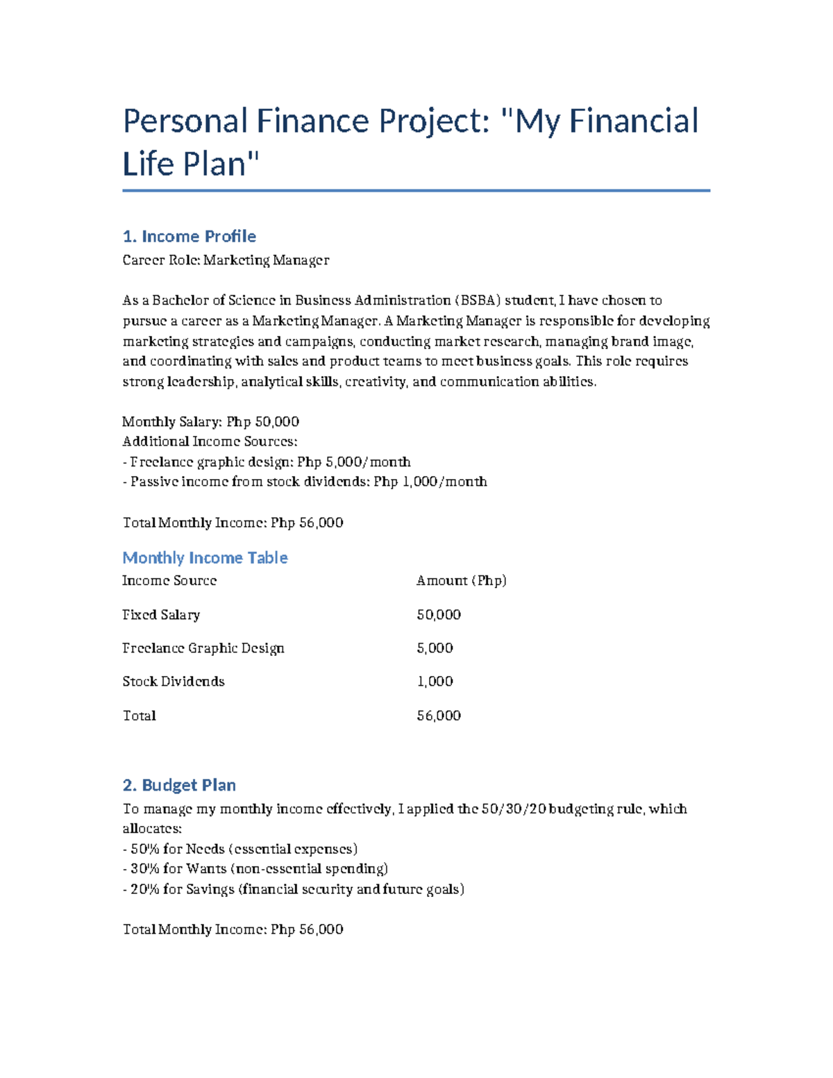 Personal Finance Project: My Financial Life Plan - BSBA 1 - Studocu