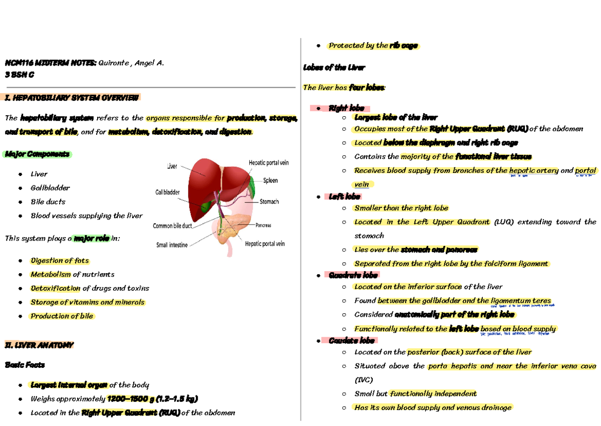 NCM116 Midterm Notes: Hepatobiliary System Overview by Quirante - Studocu