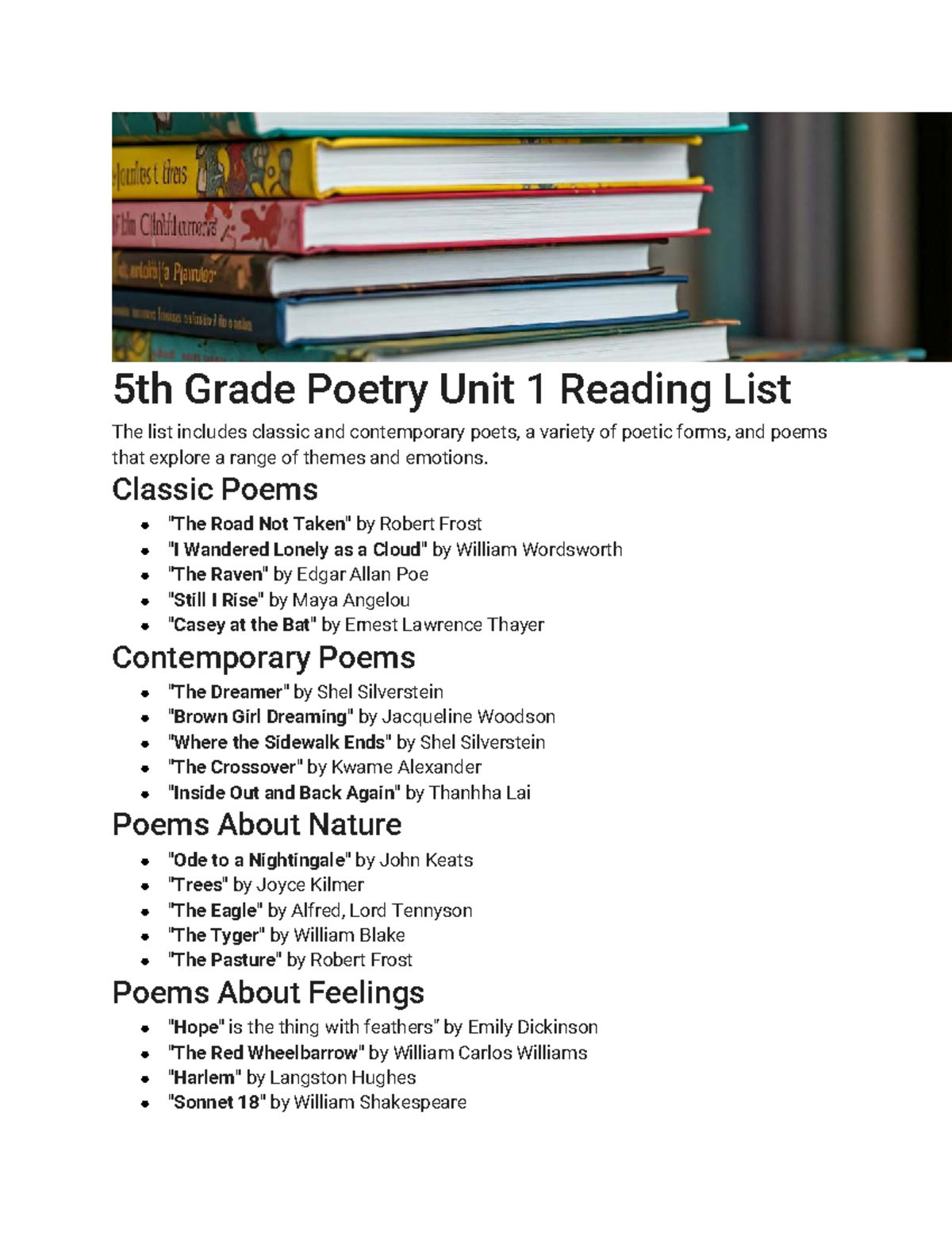 5th Grade Poetry Unit 1: Classic & Contemporary Poets List - Studocu