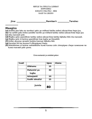 [Solved] MJARABU 1 Fasihi ni nini Alama 10 2 Fasihi simulizi ni nini ...