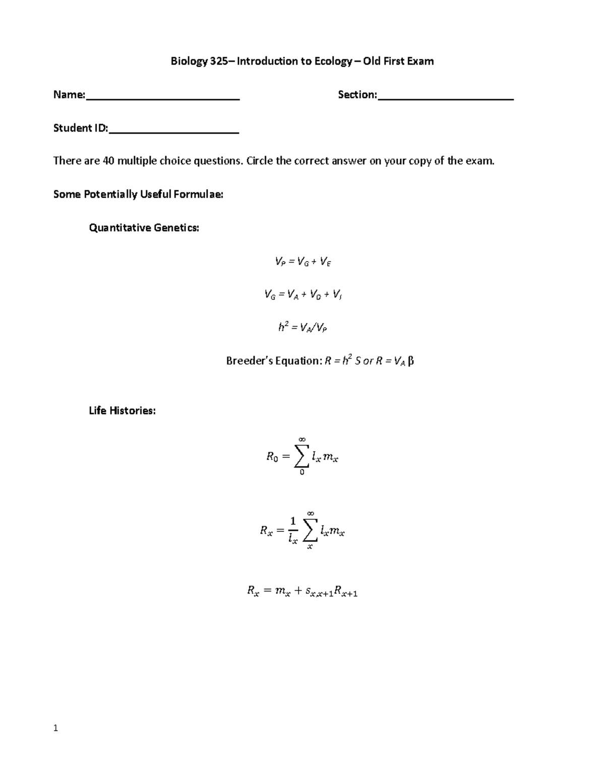 Biology 325 - Practice Questions for Final Exam 1: Ecology Topics - Studocu