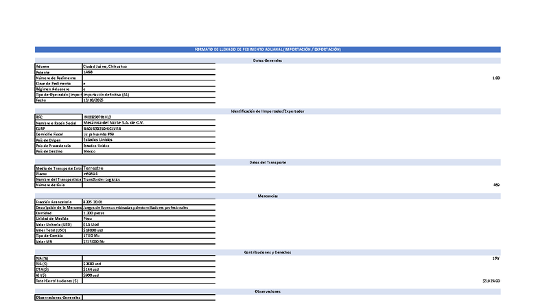 Formato Completo de Pedimento Aduanal (Importación/Exportación) - Studocu