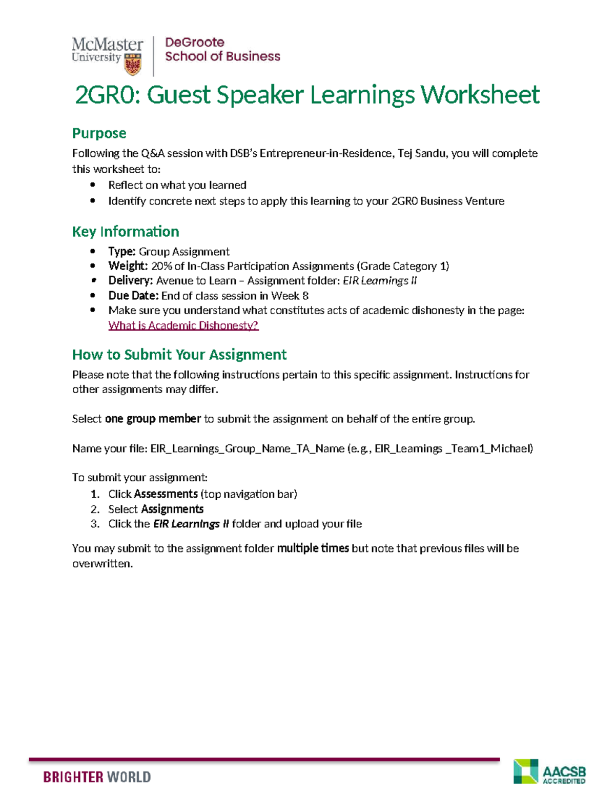 2GR0: EIR Learnings II - Guest Speaker Reflection Worksheet - Studocu