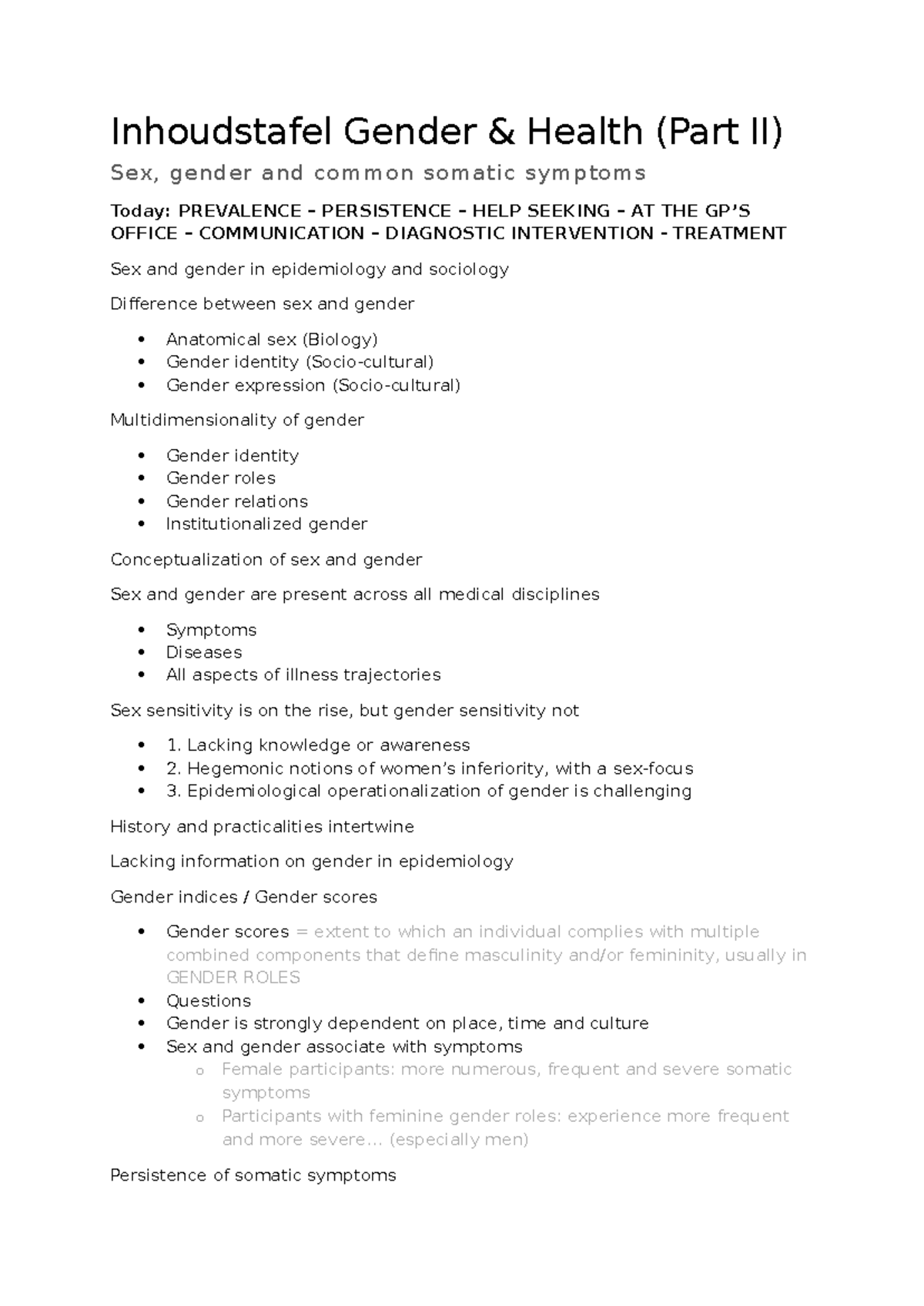 Inhoudstafel Gender Health (Part II): Prevalence & Help Seeking - Studocu