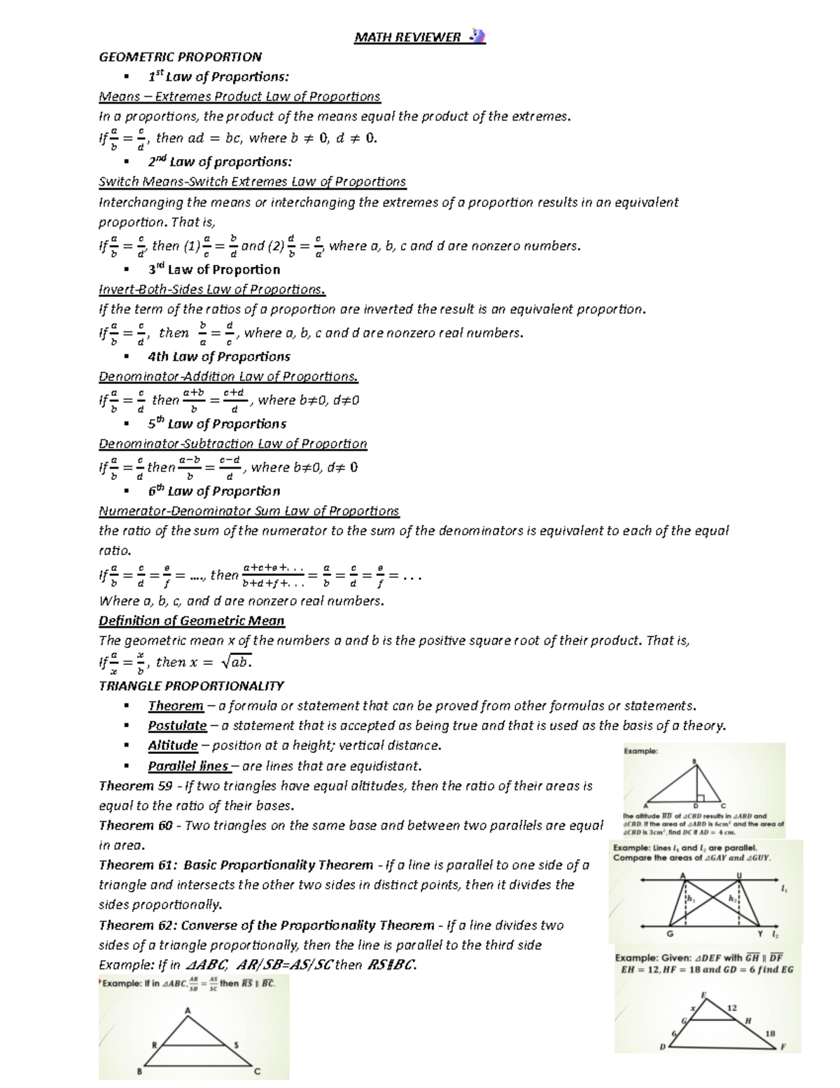MATH 101: Geometry Proportions & Similarity Theorems Reviewer - Studocu