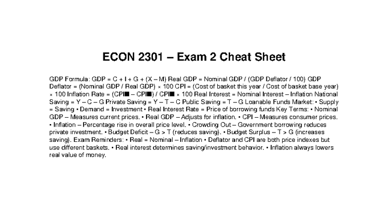 ECON 2301 Exam 2 Cheat Sheet: GDP, Inflation, and Key Terms - Studocu