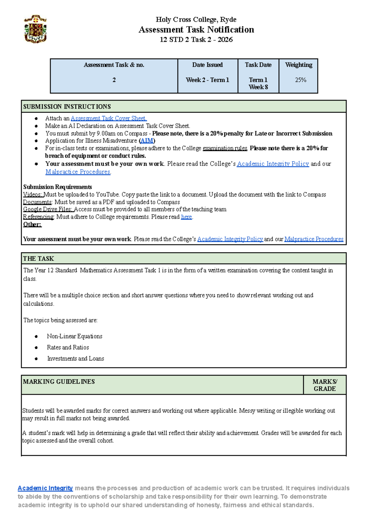 12 STD 2 Mathematics Assessment Task 2 Notification - 2026 - Studocu