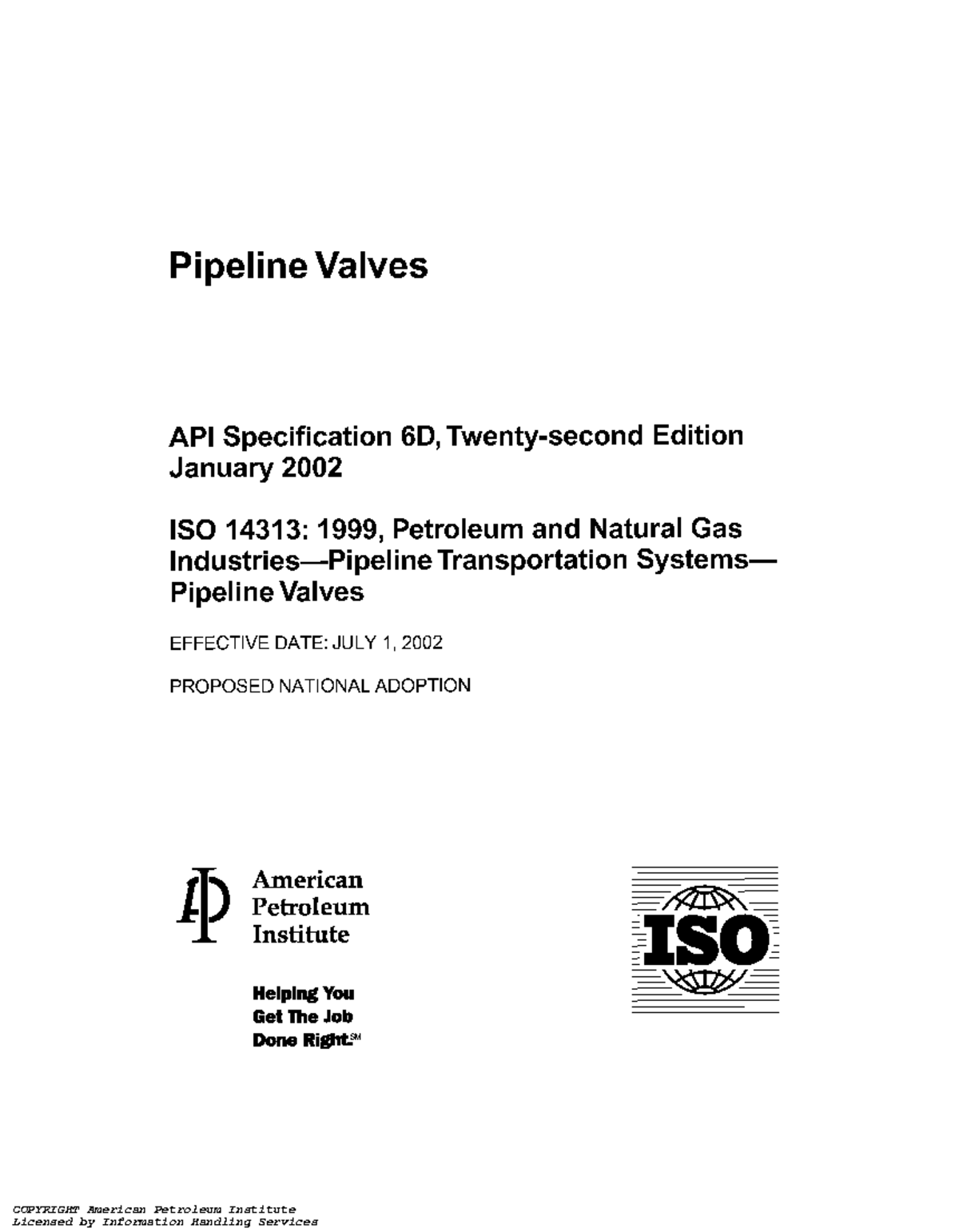 API 6D 2002 Specification for Pipeline Valves and Transportation ...