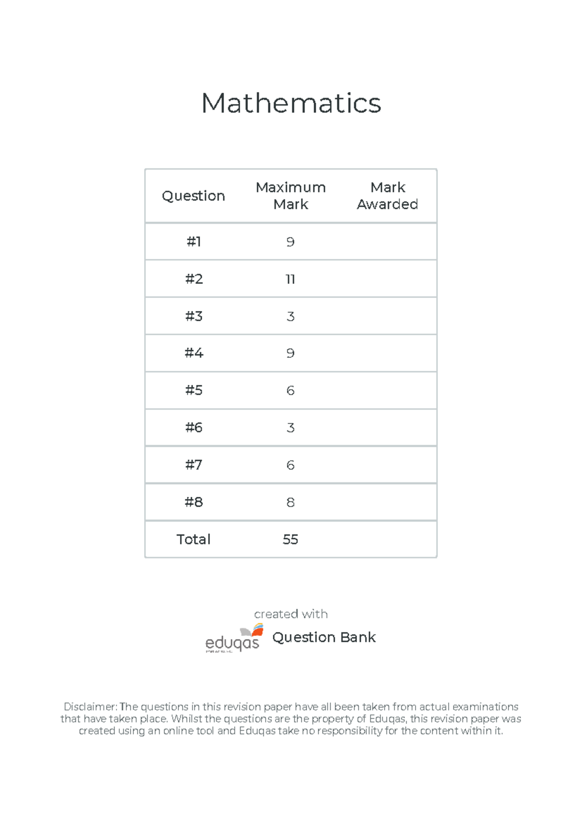 Mathematics Revision Paper: Questions from Eduqas Exams - Studocu