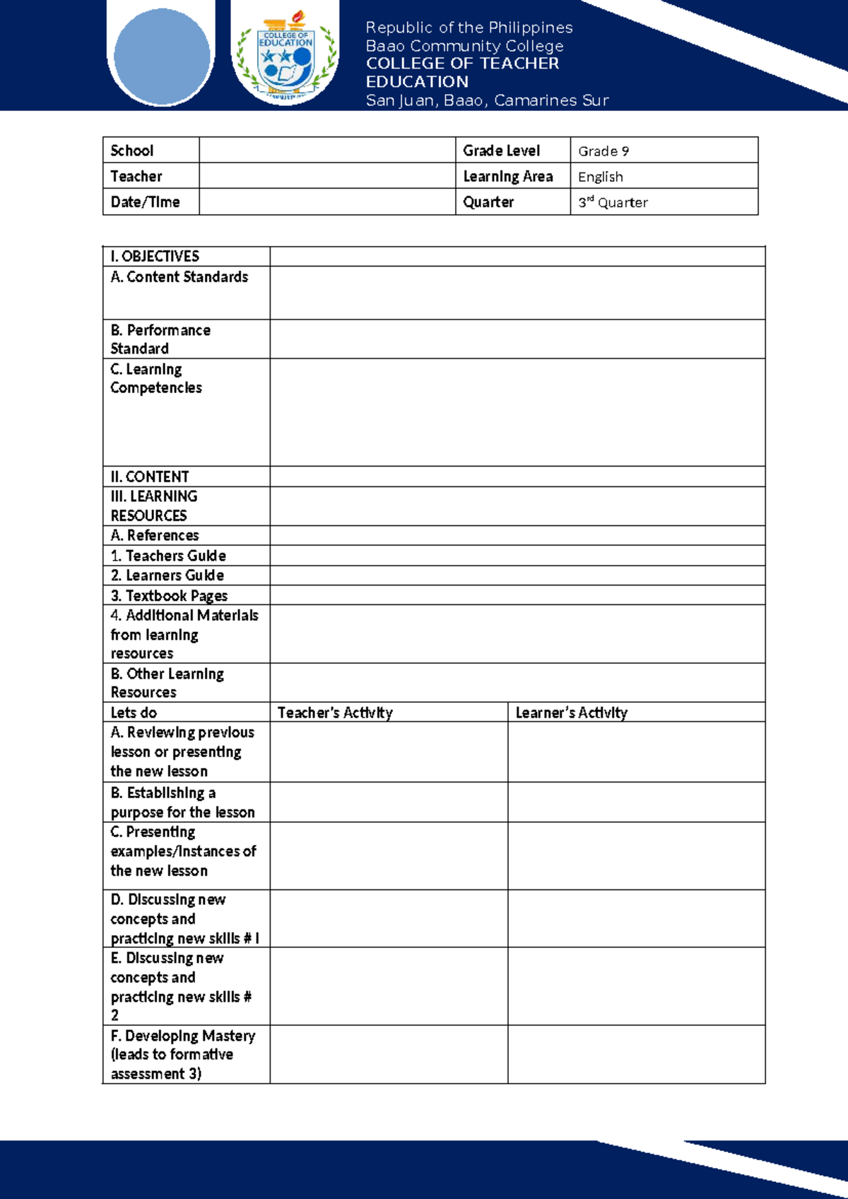 Grade 9 English Lesson Plan Template - 3rd Quarter - Studocu