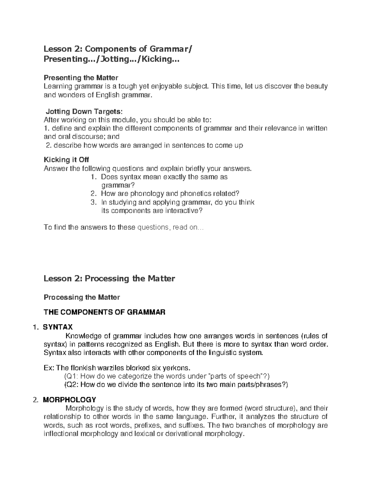 Lesson 2: Key Components of English Grammar Explained - Studocu