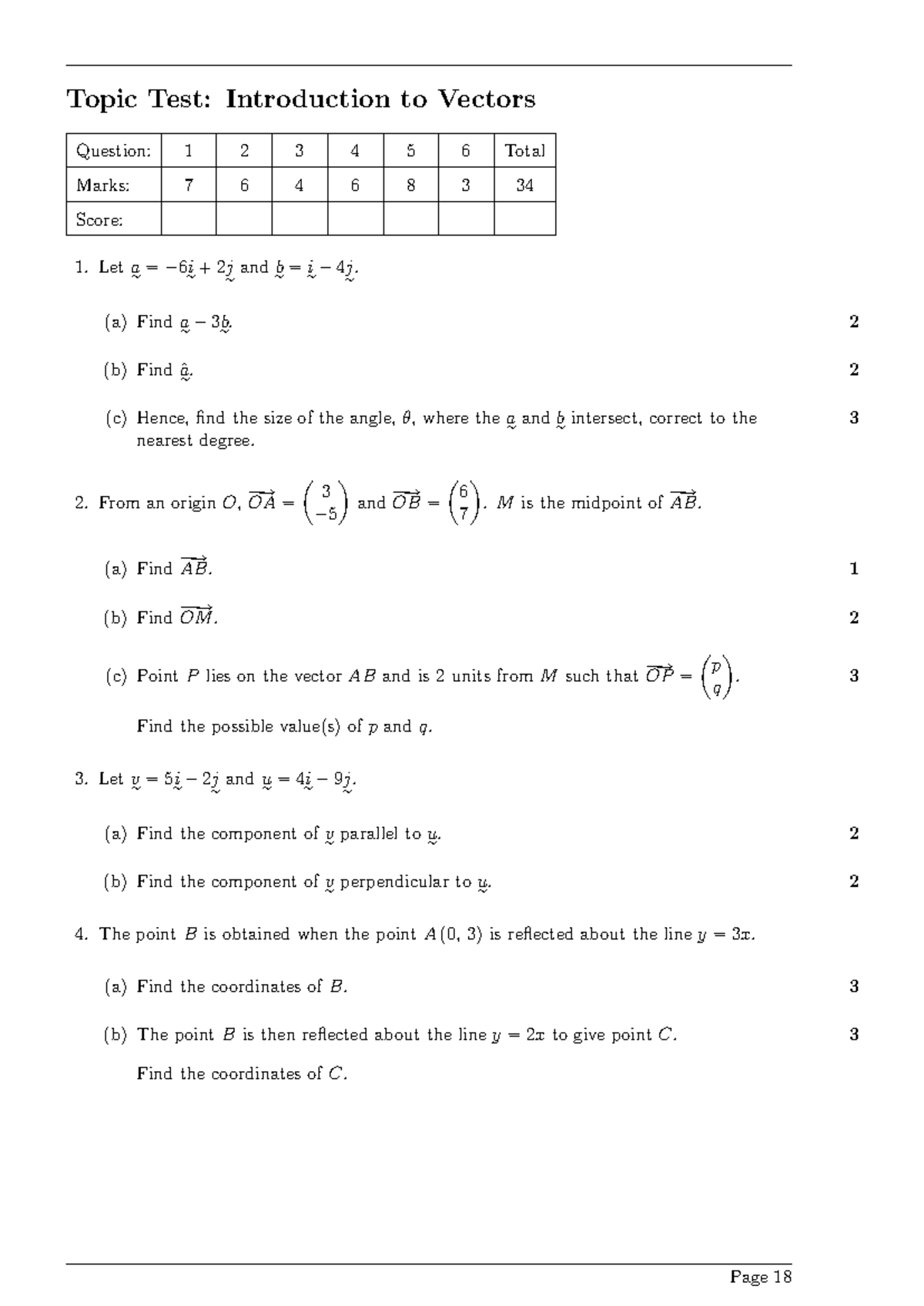 Topic Test: Introduction to Vectors with Solutions (Code: MATH101 ...