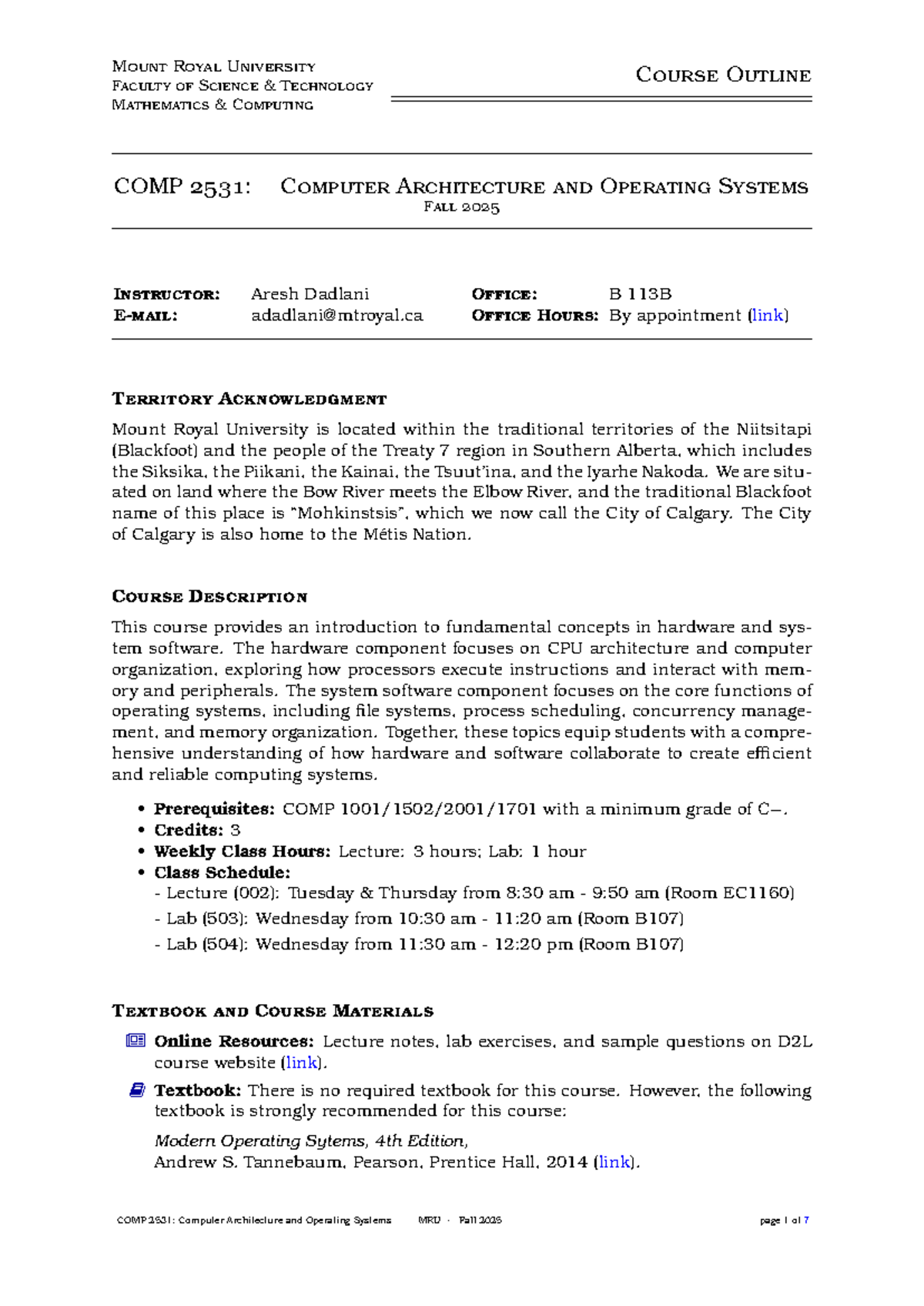 COMP 2531: Course Outline for Computer Architecture & OS - Fall 2025 ...