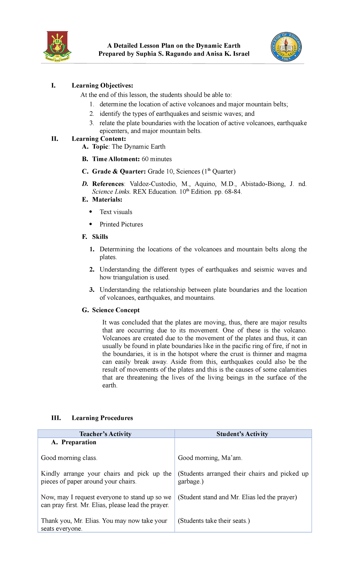 Grade 10 Science Lesson Plan: Understanding the Dynamic Earth - Studocu