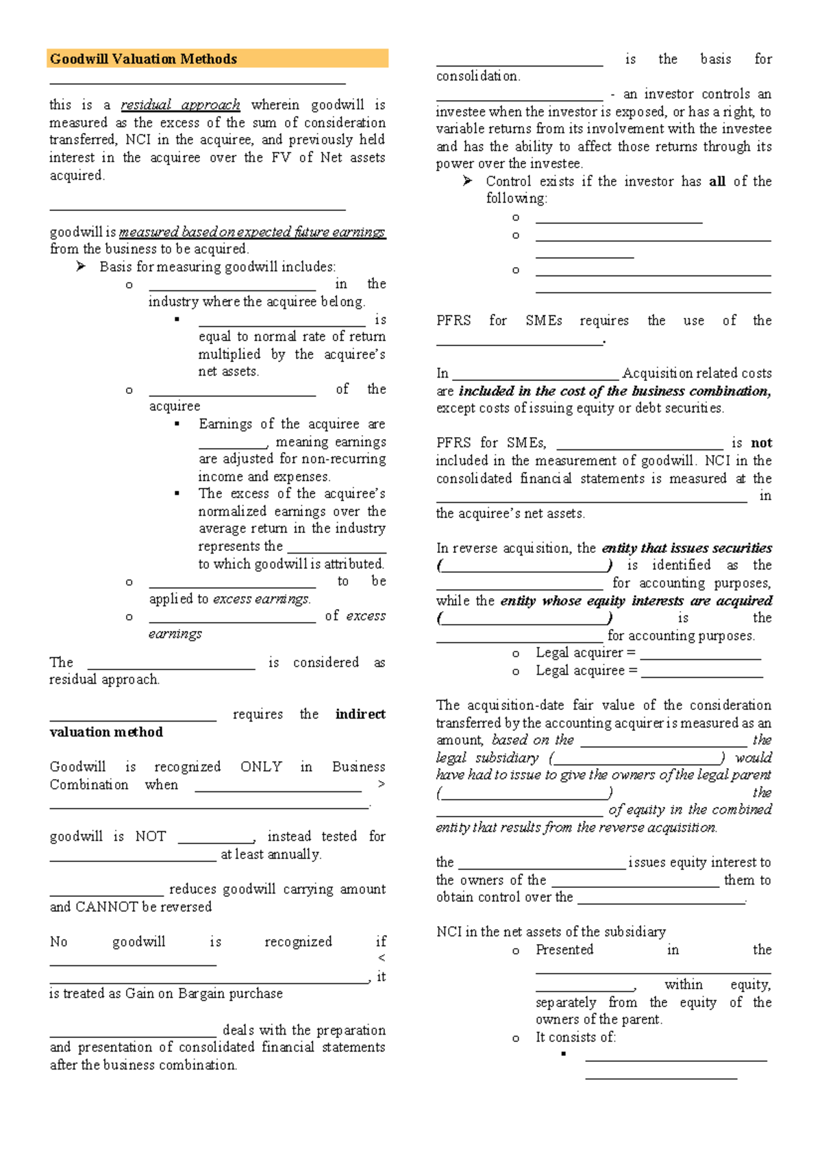 Goodwill Valuation Methods in Business Combinations (ACCT 101) - Studocu
