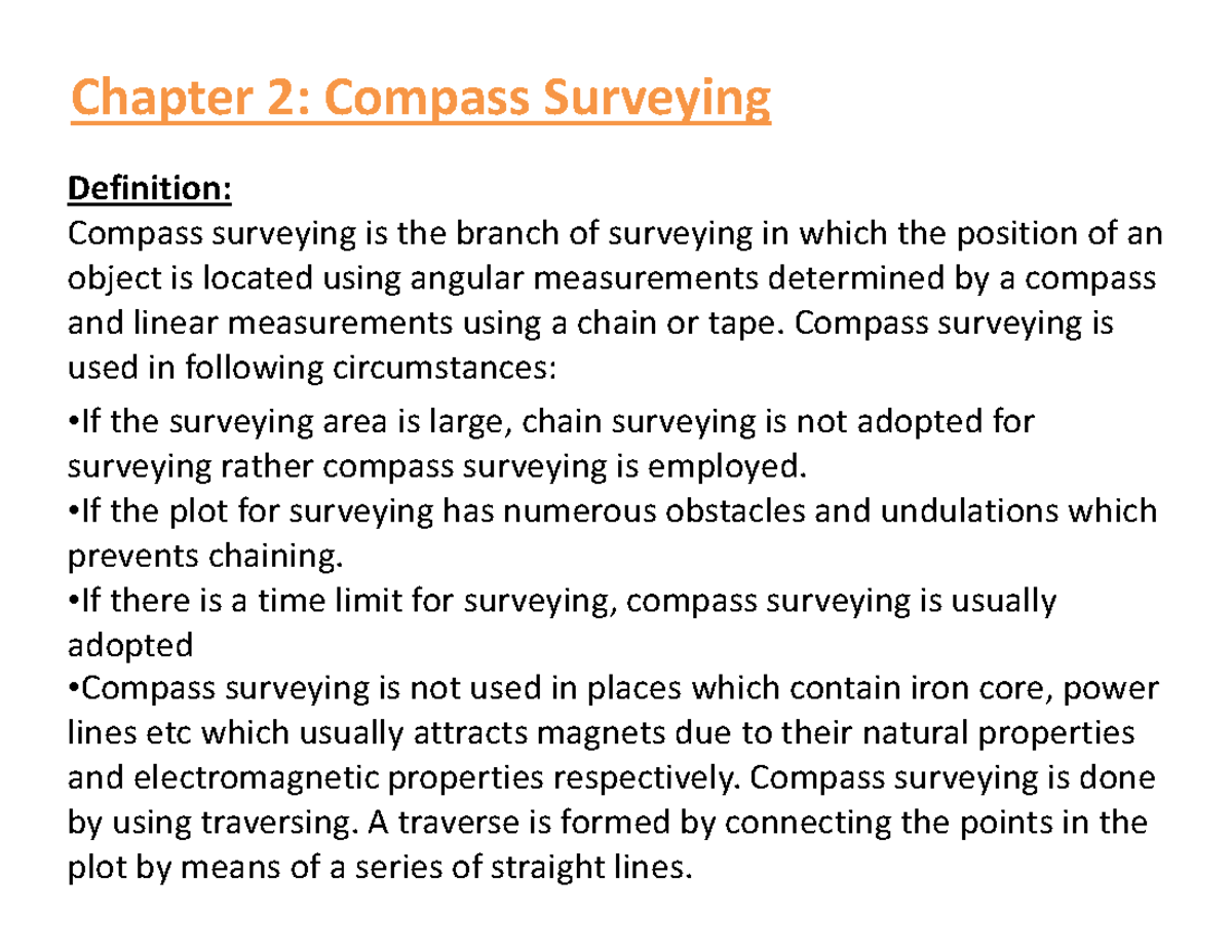 Chapter-2 - survery i ch2 - Chapter 2: Compass Surveying Definition: Compass surveying is the ...