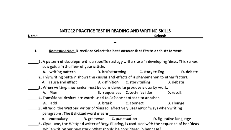 NATG12 READING AND WRITING SKILLS PRACTICE TEST NOTES - Studocu