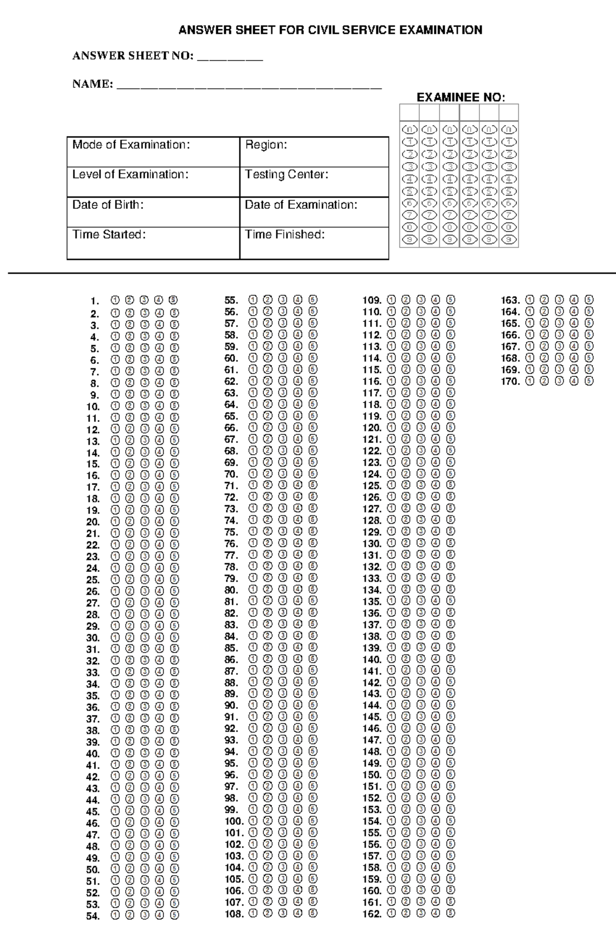 Civil Service Exam Sample Answer Sheet - Practice Template - Studocu