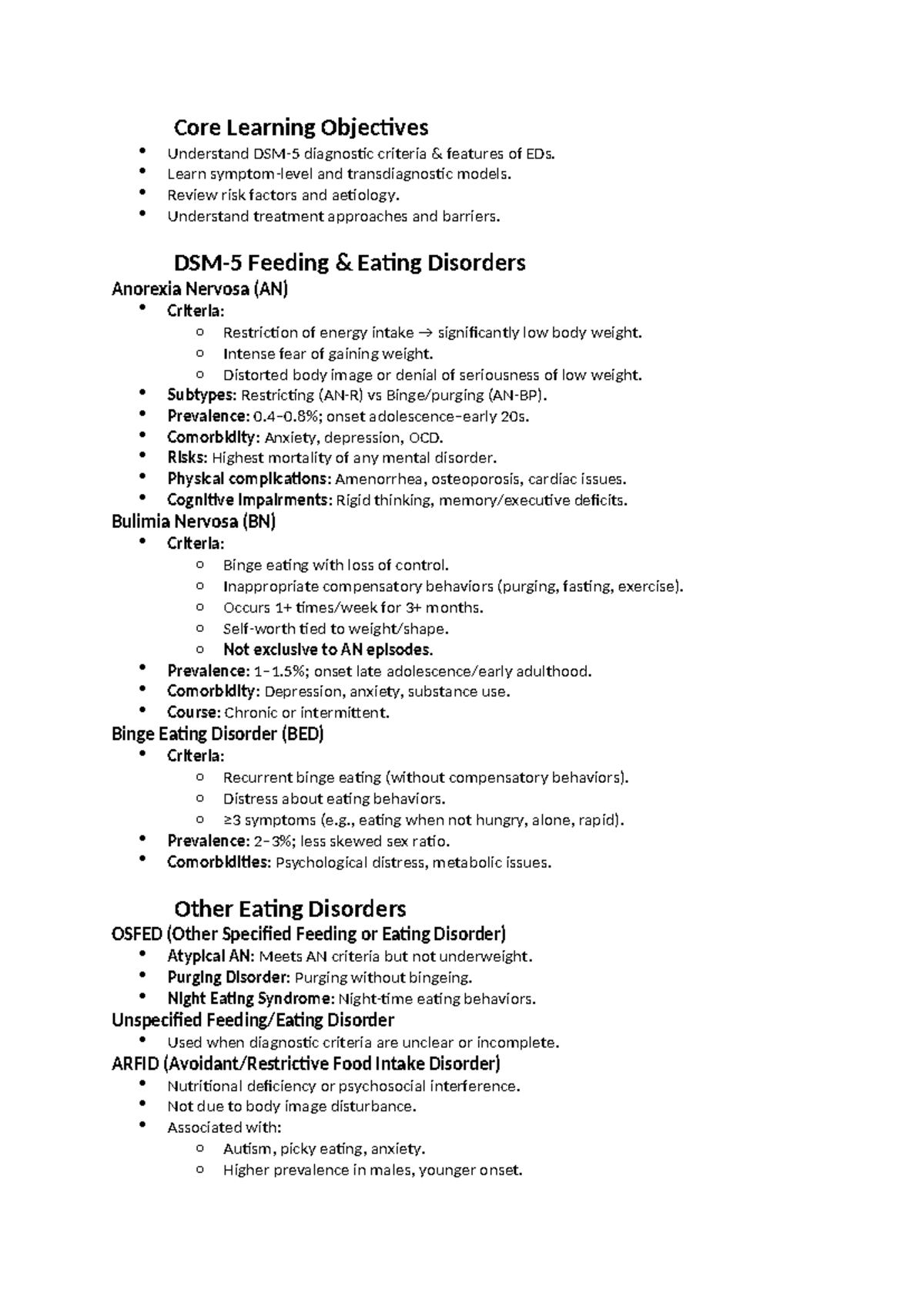 Lecture 11: Core Learning Objectives on Eating Disorders (EDs) - Studocu