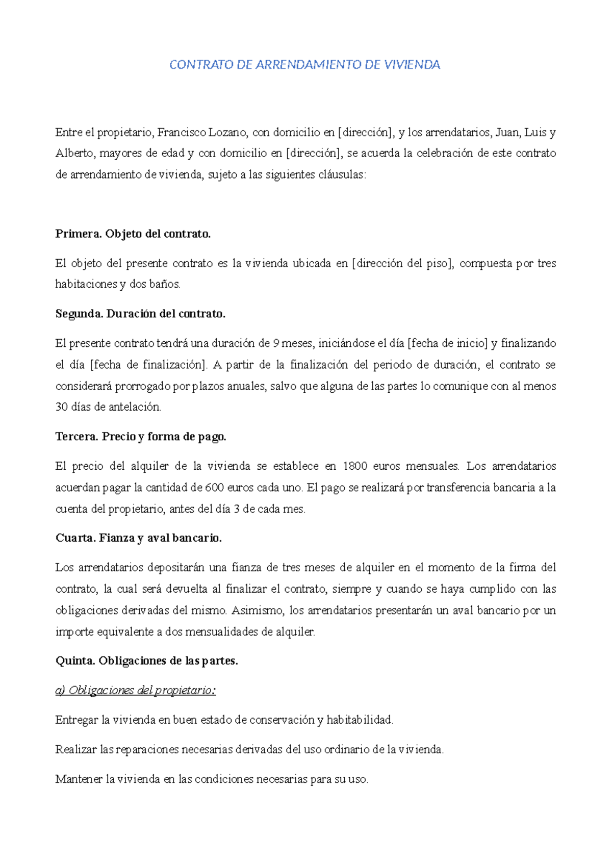 Contrato de Arrendamiento de Vivienda TGOC - Studocu