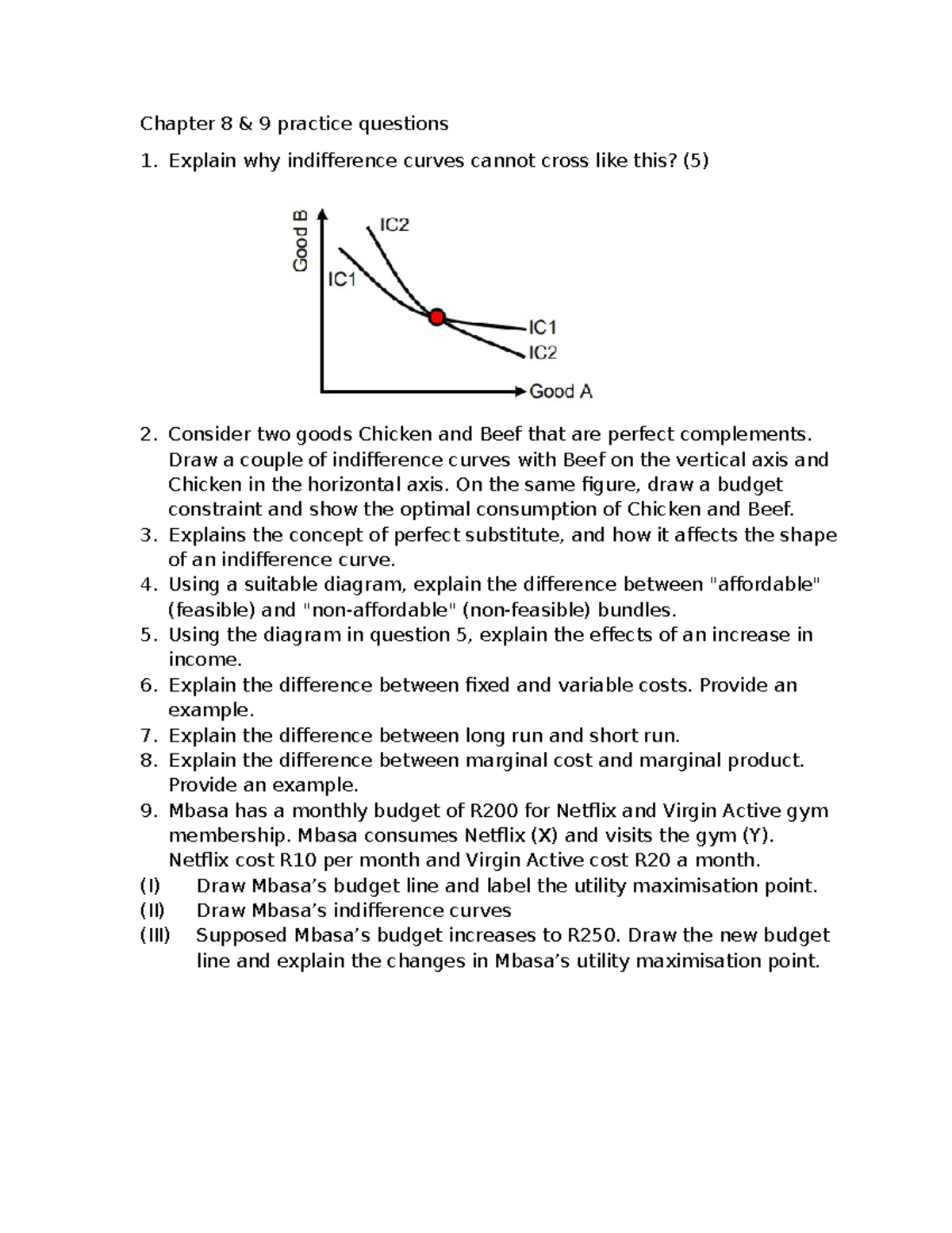 Chapter 8 & 9 Practice Questions: Indifference Curves & Budget ...