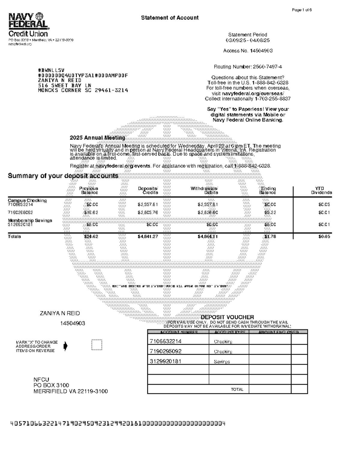 NFCU April 2025 Monthly Statement for Zaniya N Reid and Shanae M ...