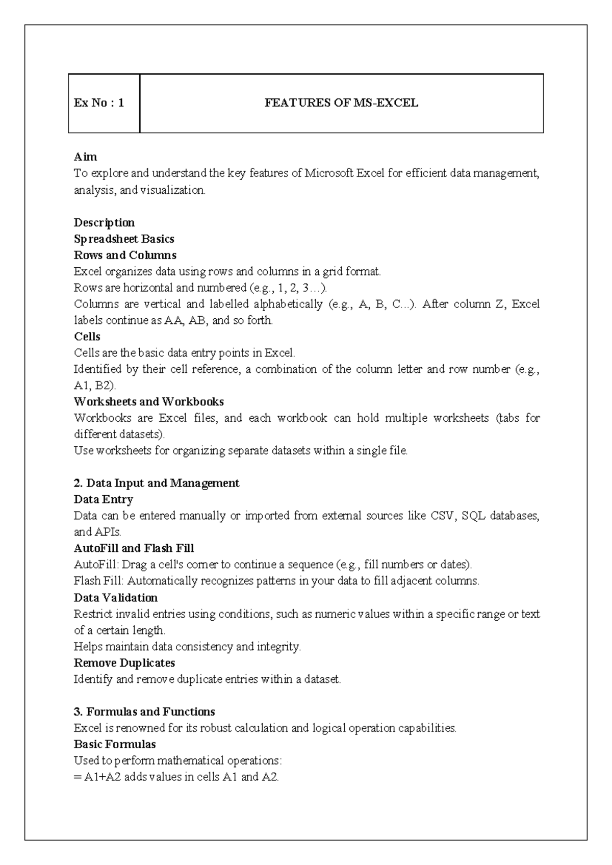 BA LAB Manual: Excel Features, Numerical & Statistical Operations - Studocu
