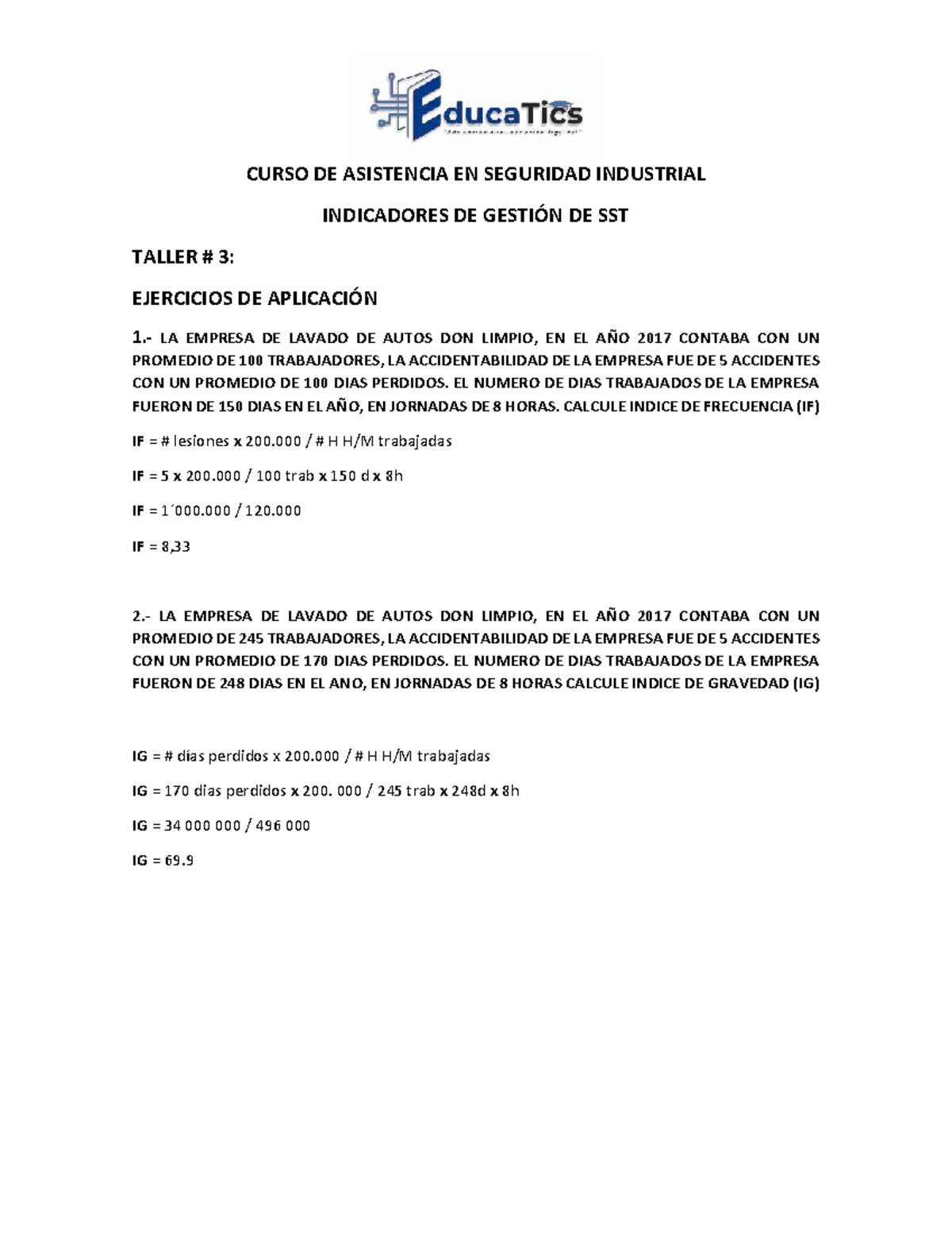 Taller #3: Indicadores de Gestión de SST en Seguridad Industrial - Studocu