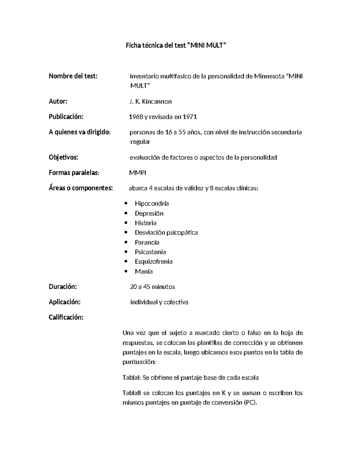 Ficha Técnica del Test MINI MULT - Inventario de Personalidad - Studocu