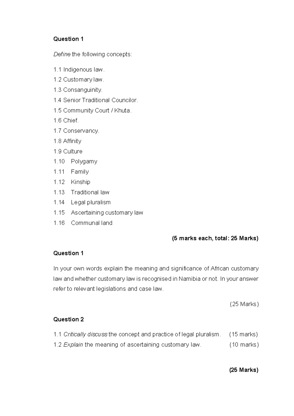 Customary law 2 combined exam questions - Question 1 Define the ...