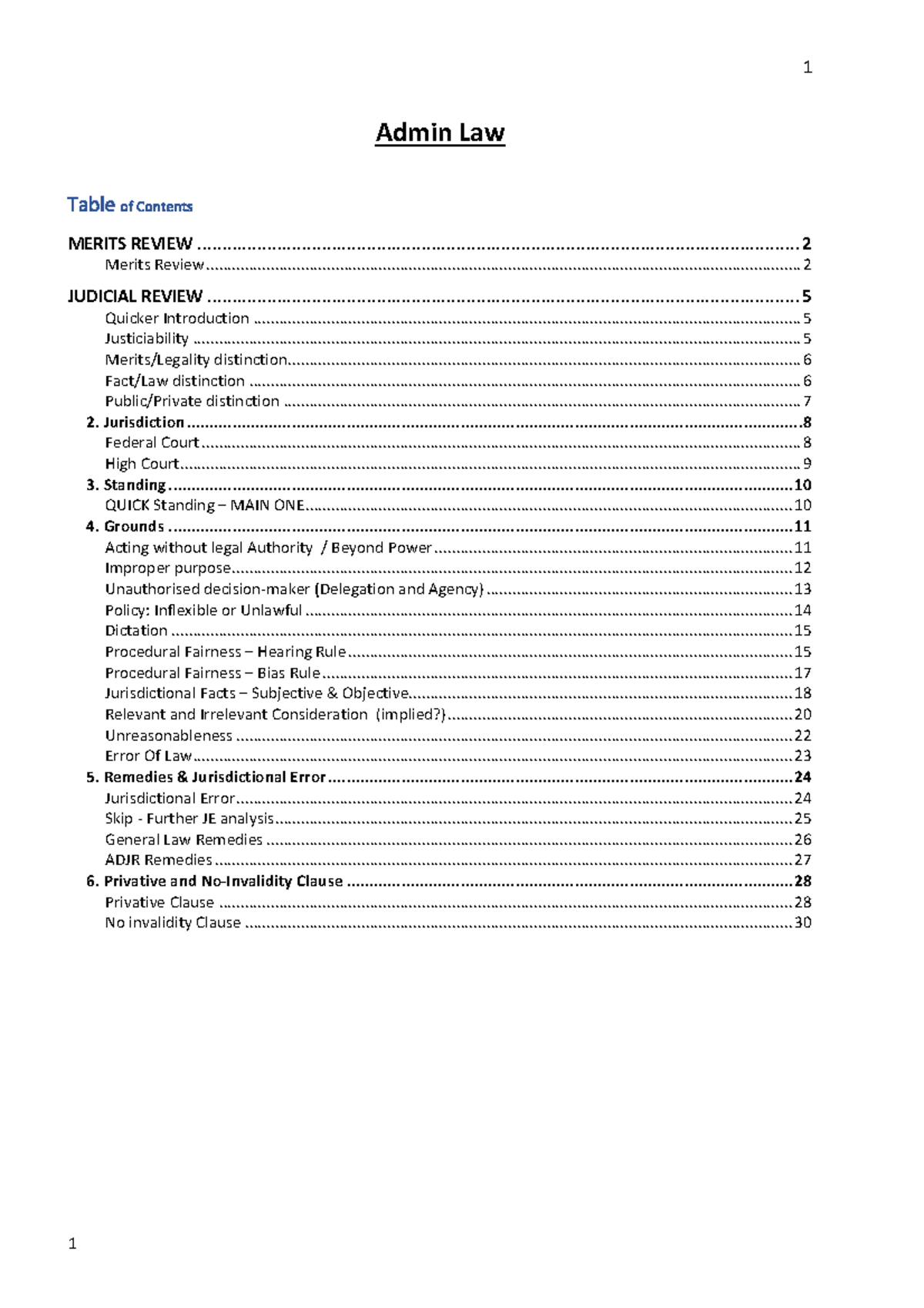 H1 admin exam notes previous sts tutor - 1 Admin Law Table of Contents ...