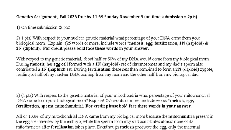 Fall 25 Genetics Assignment 2: DNA Inheritance Explained - Studocu