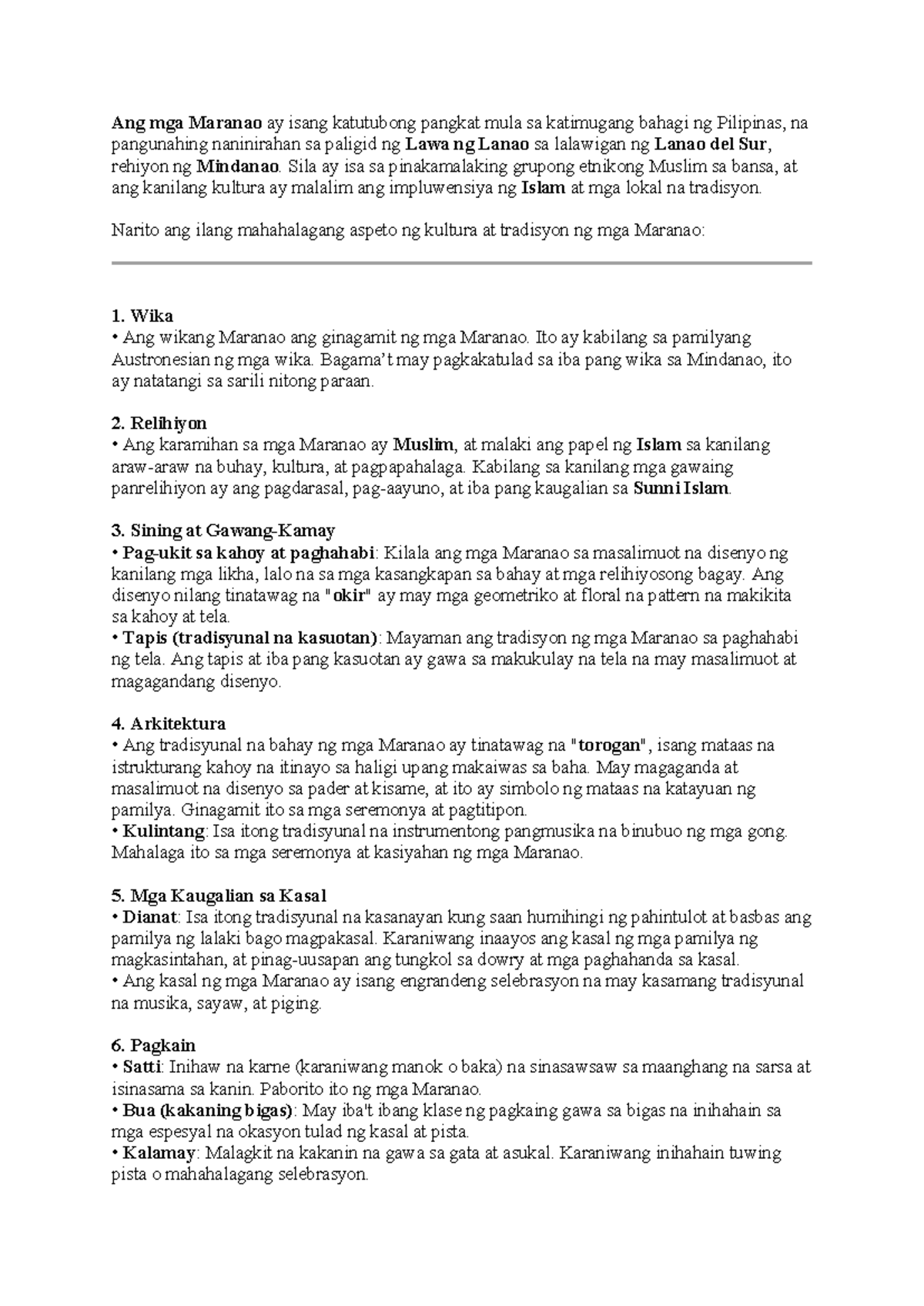 Cultural Insights on Maranao: Heritage and Traditions in Filipino - Studocu