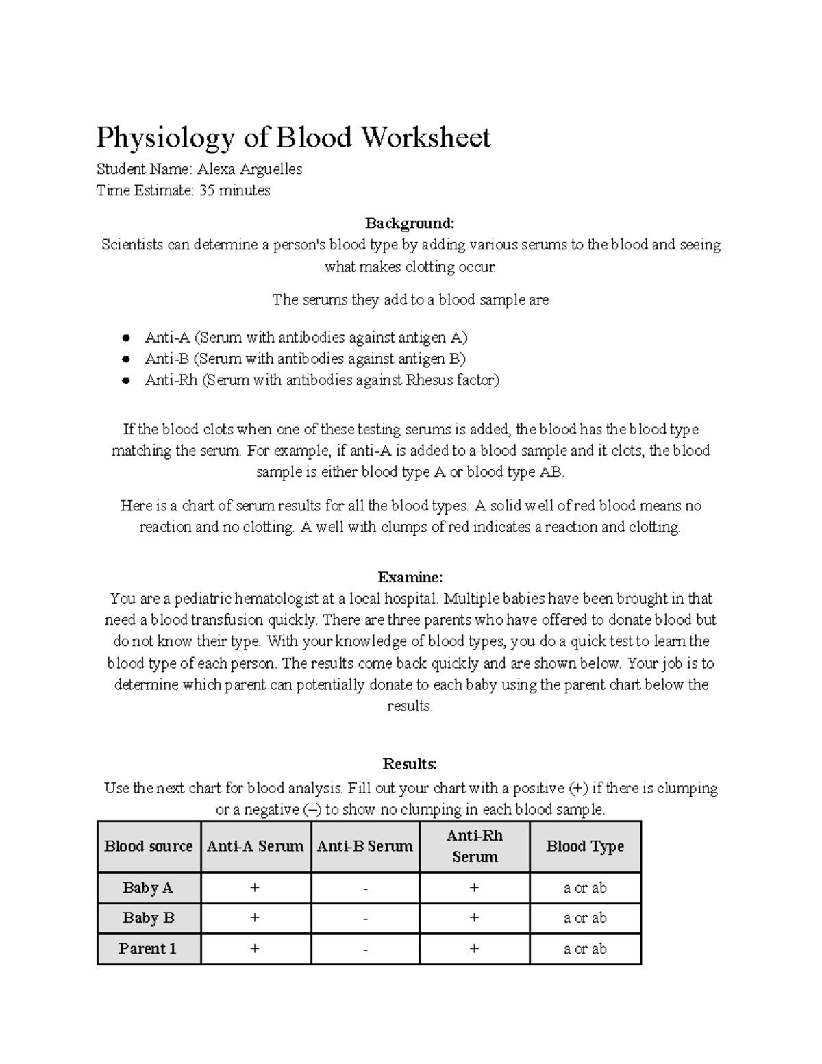 Physiology of Blood Worksheet for Understanding Blood Types - Studocu