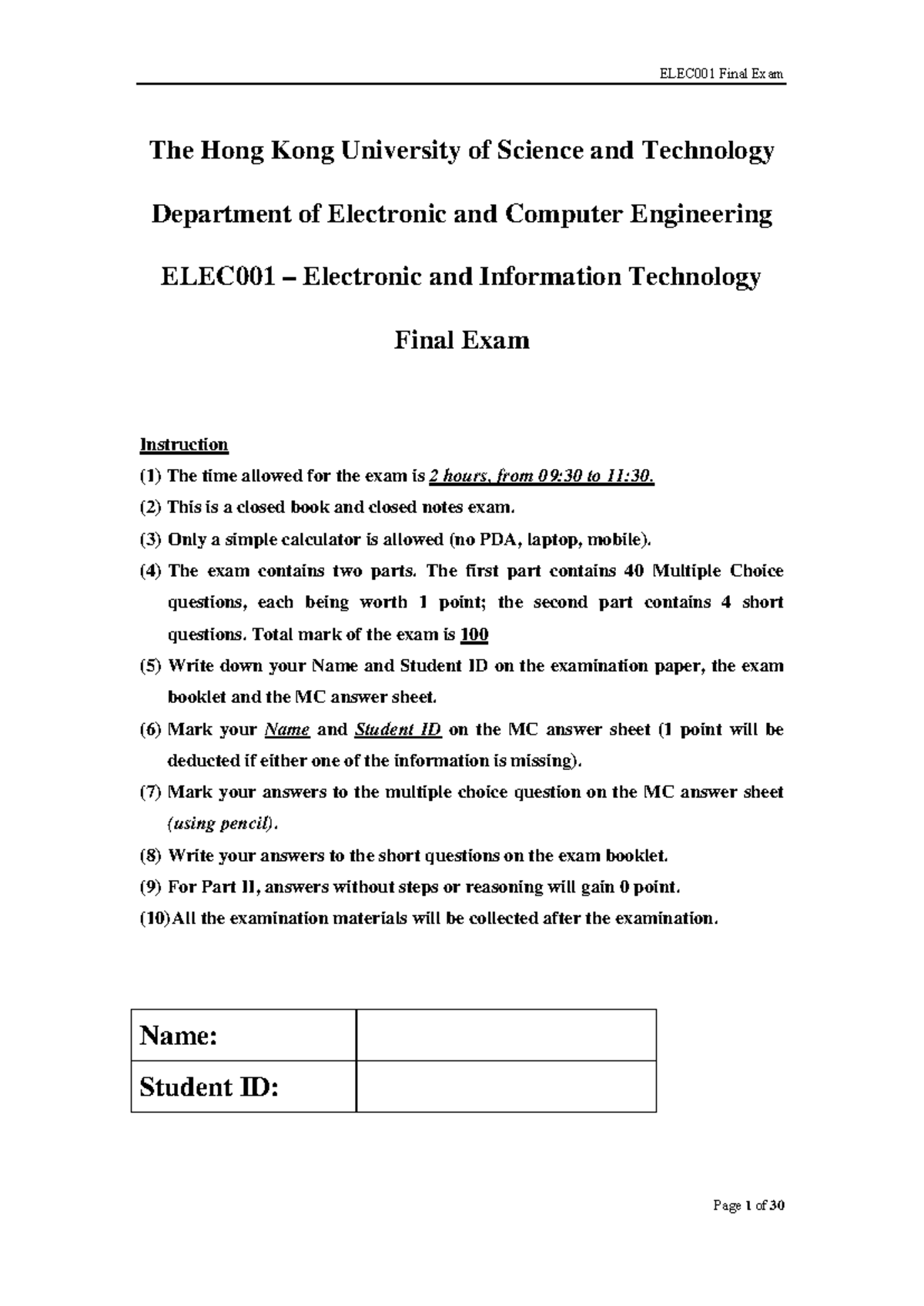 Final Exam Review Notes for ELEC1010 - Electronic and Information Tech ...