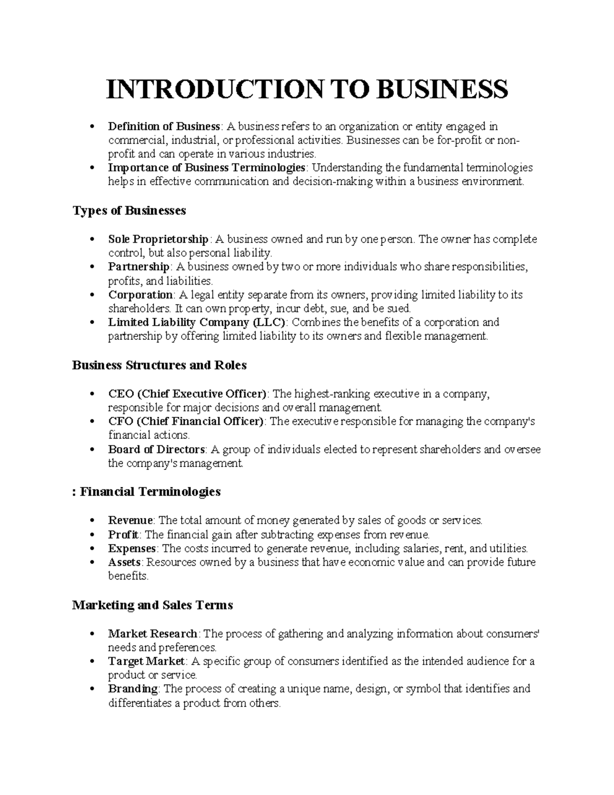 Introduction to Business (BUS 101): Key Concepts and Terminologies ...