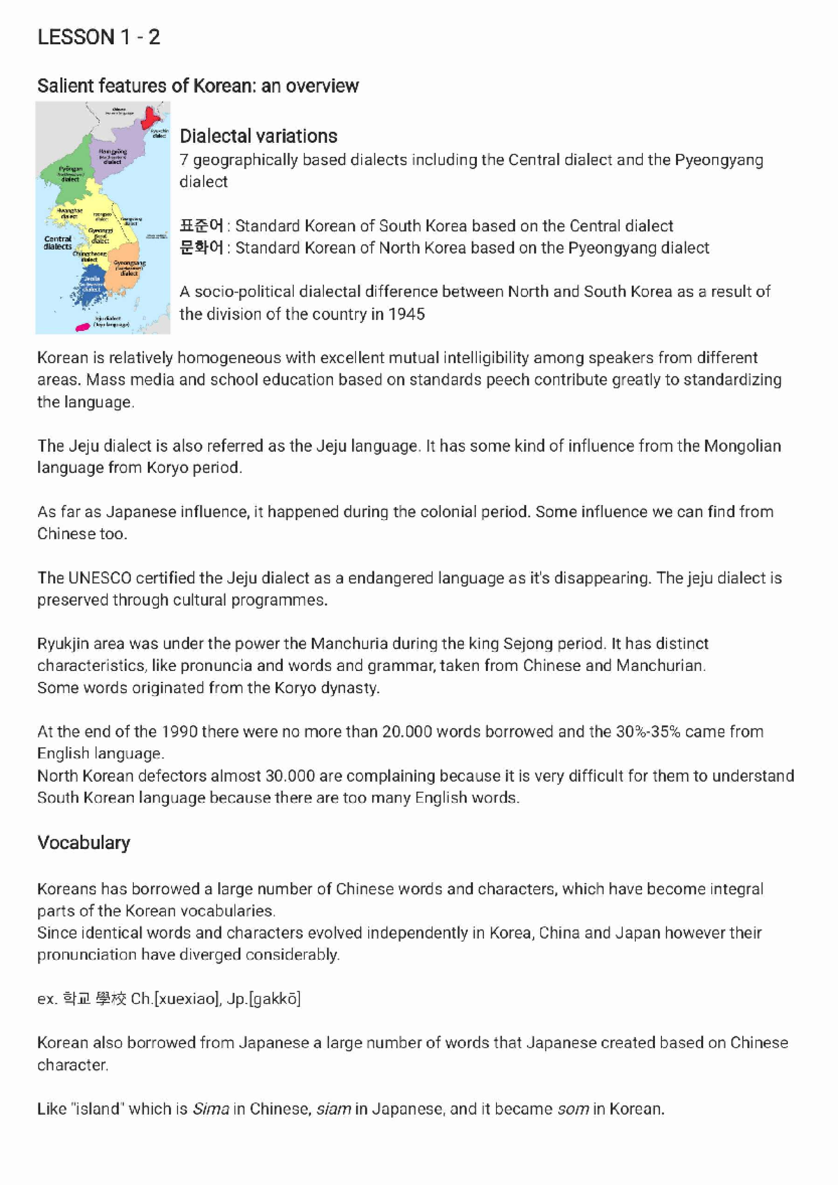 KOREAN 101: Overview of Korean Language Features and Dialects - Studocu