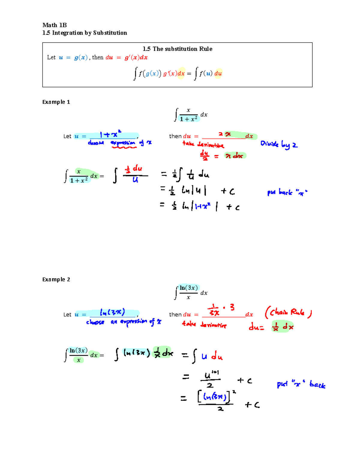 Math 1B Final Exam Review: Integration by Substitution Techniques ...